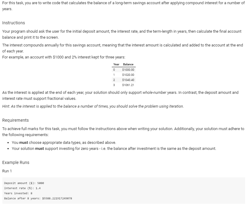 Solved For this task, you are to write code that calculates | Chegg.com