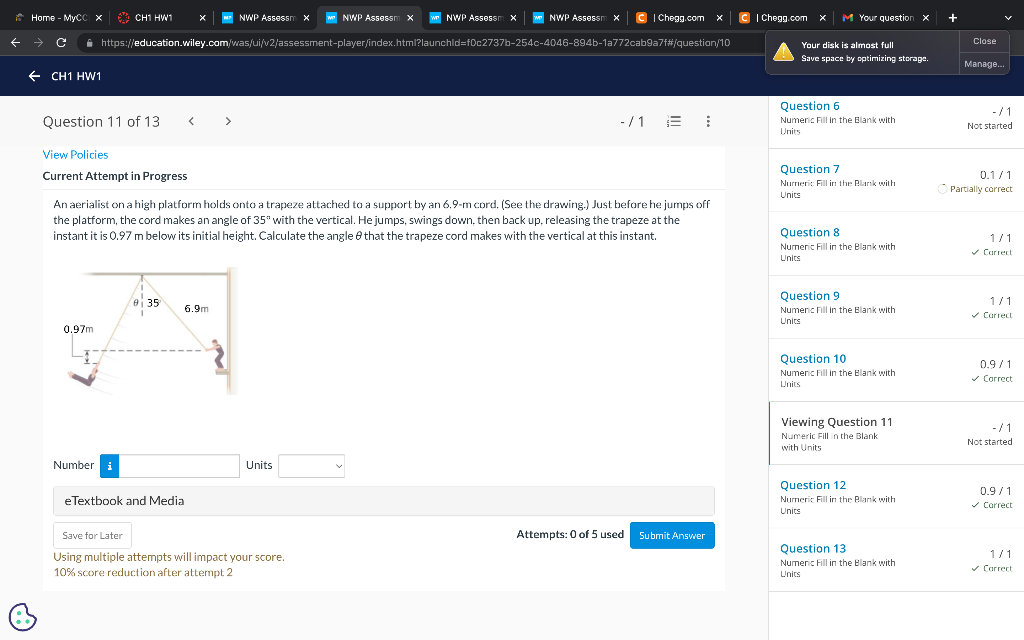 Solved An aerialist on a high platform holds onto a trapeze | Chegg.com