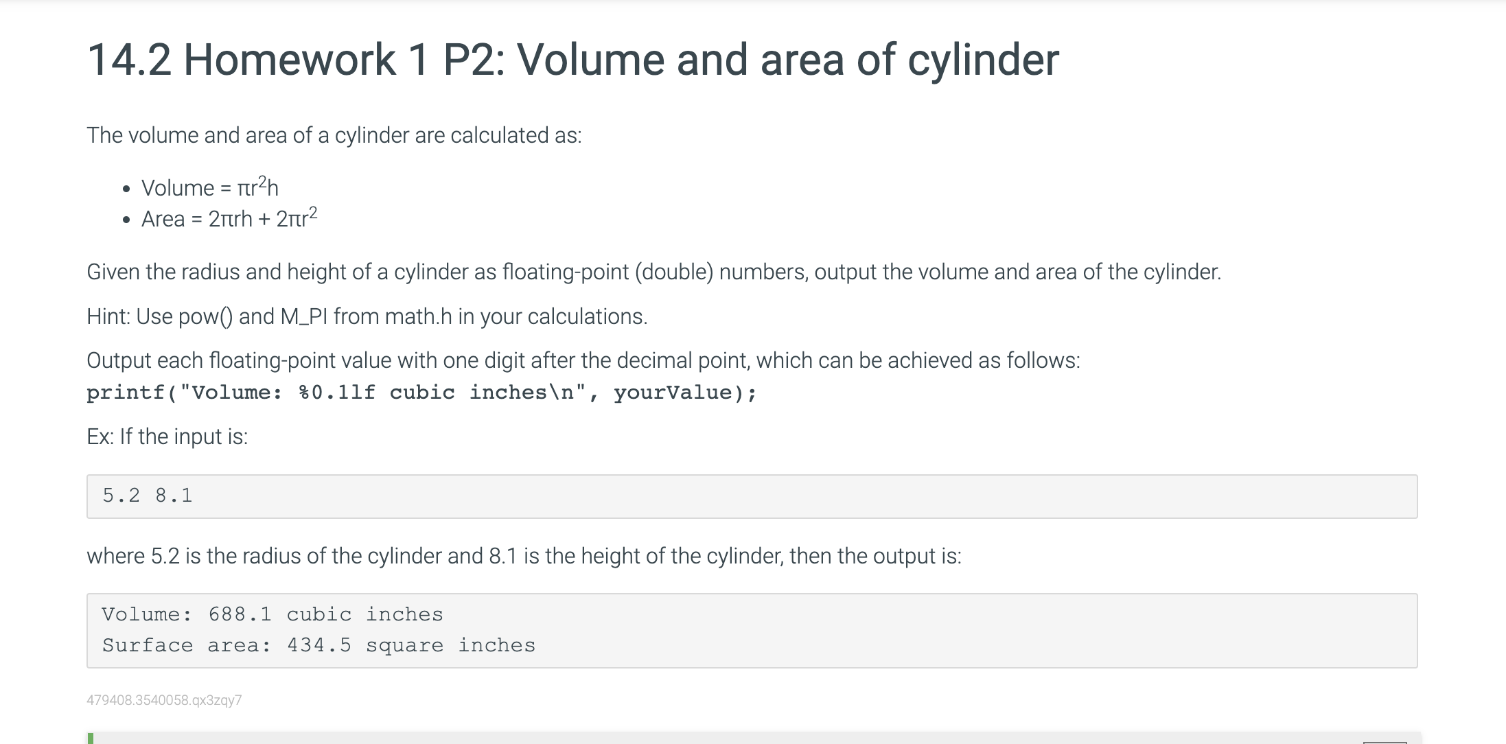Solved 14.2 Homework 1 P2: Volume and area of cylinder The | Chegg.com