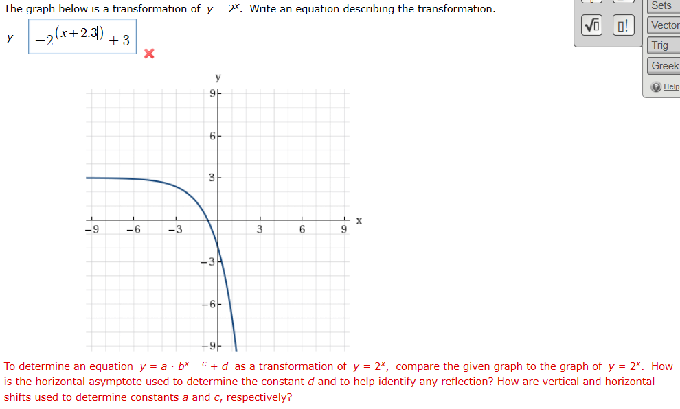 Solved The graph below is a transformation of y = 2%. Write | Chegg.com