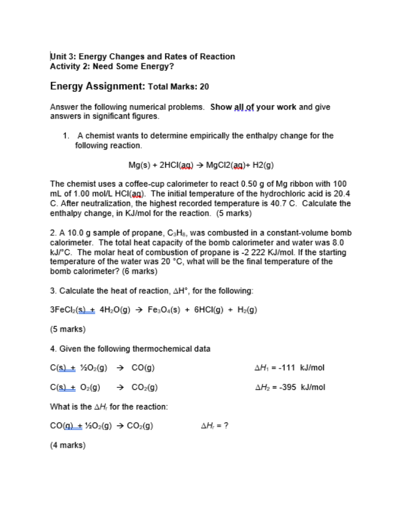 Solved Activity 2: Need Some Energy? Energy Assignment: | Chegg.com