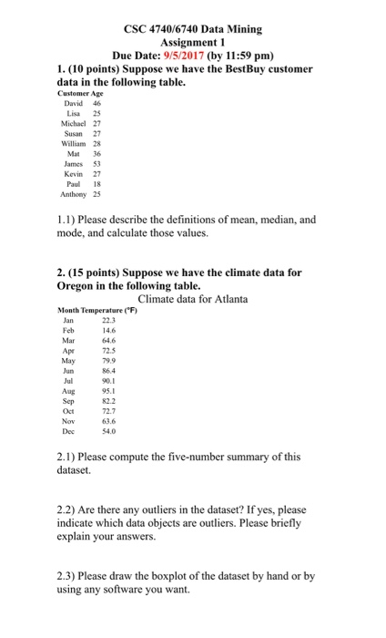Solved CSC 4740/6740 Data Mining Assignment 1 Due Date: | Chegg.com