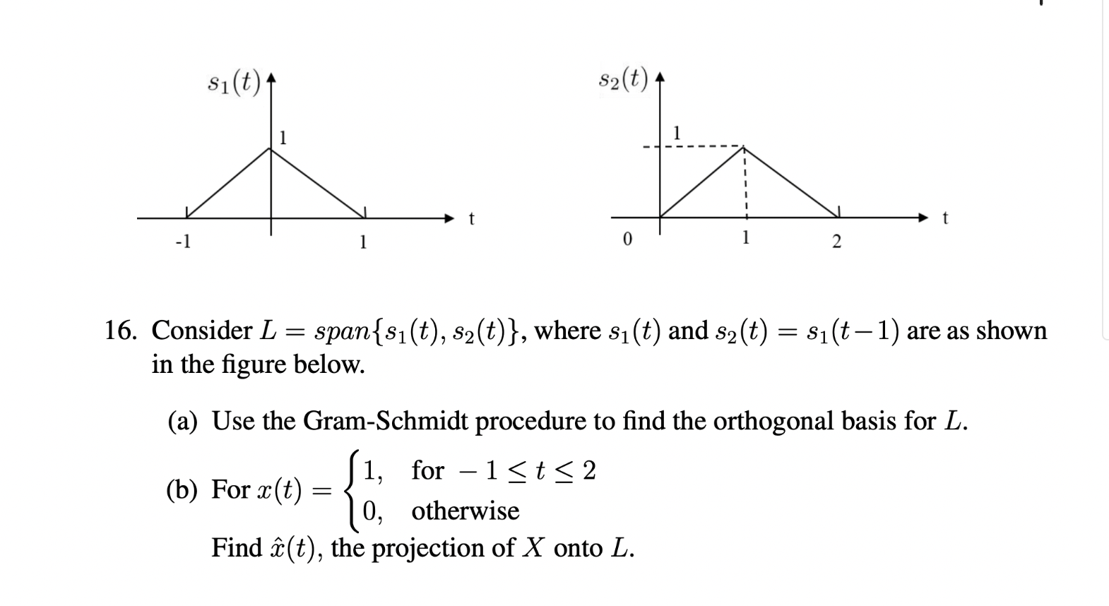 Solved 16. Consider L=span{s1(t),s2(t)}, where s1(t) and | Chegg.com