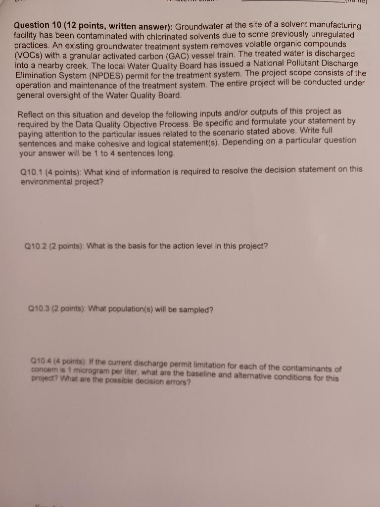 Question 10 (12 points, written answer): Groundwater | Chegg.com