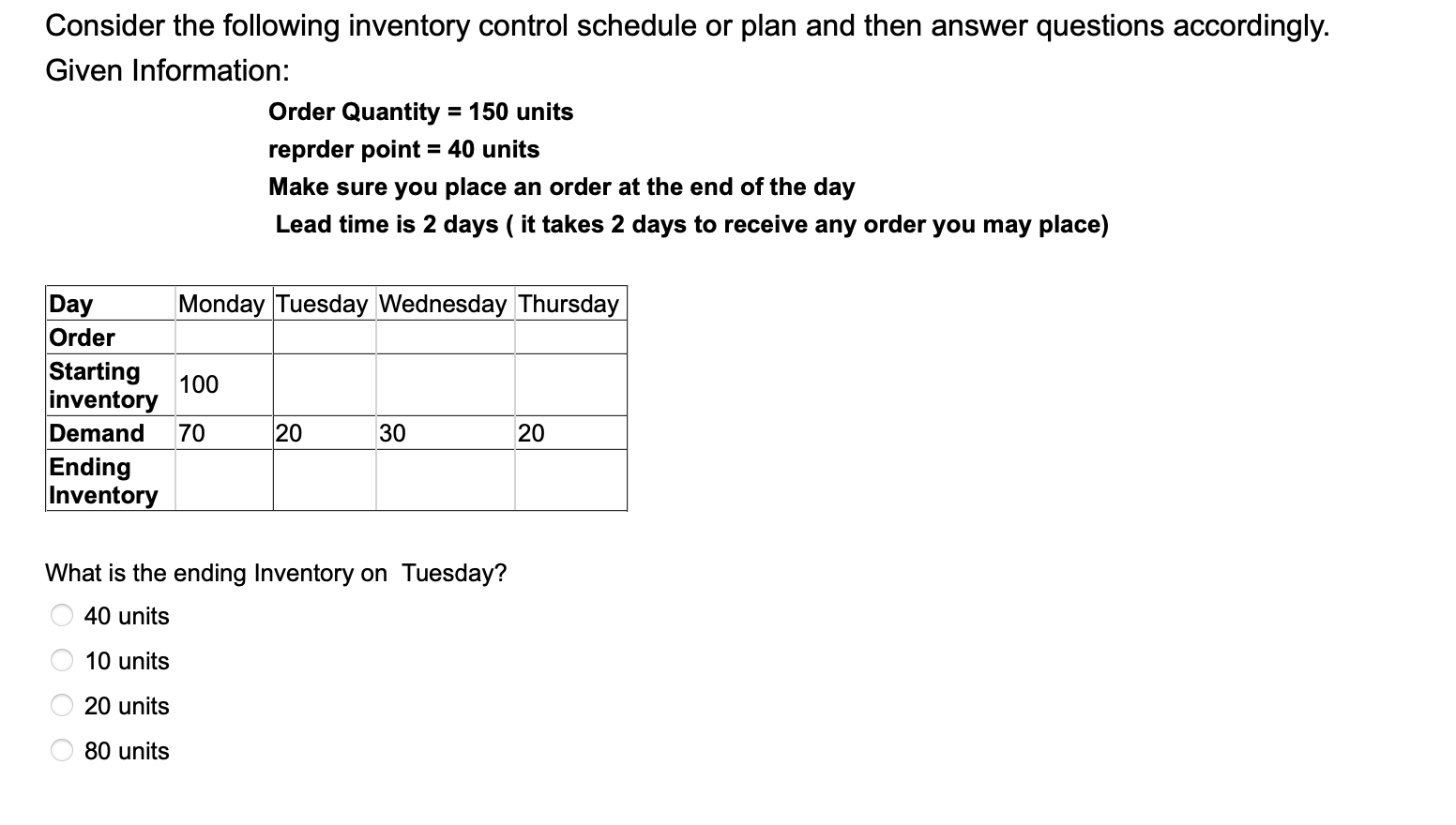Solved = Consider the following inventory control schedule | Chegg.com