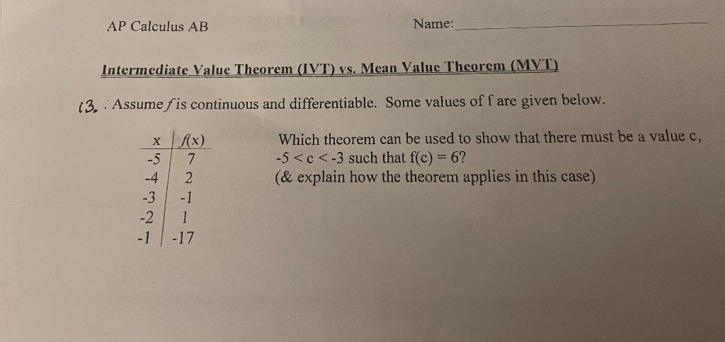 Solved Ap Calculus Ab Name Intermediate Value Theorem Ivt