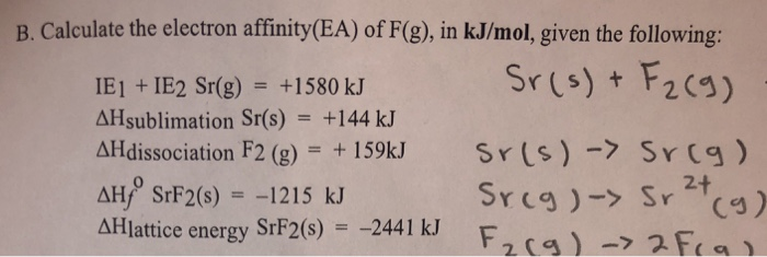 Solved B. Calculate the electron affinity(EA) of F(g), in | Chegg.com