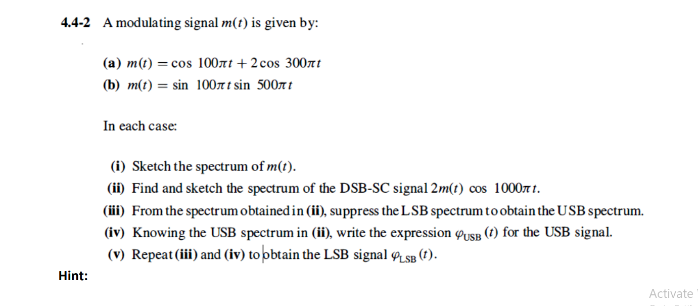 Solved 4.4-2 ﻿A modulating signal m(t) is ﻿given | Chegg.com