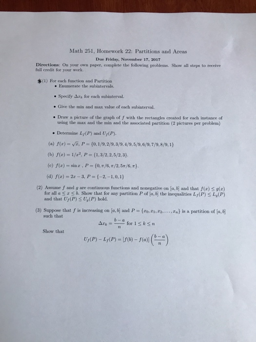 Solved Math 251, Homework 22: Partitions and Areas Due | Chegg.com