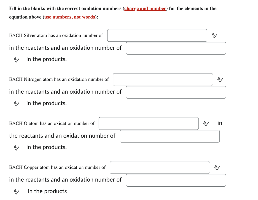 Solved Fill in the blanks with the correct oxidation numbers | Chegg.com