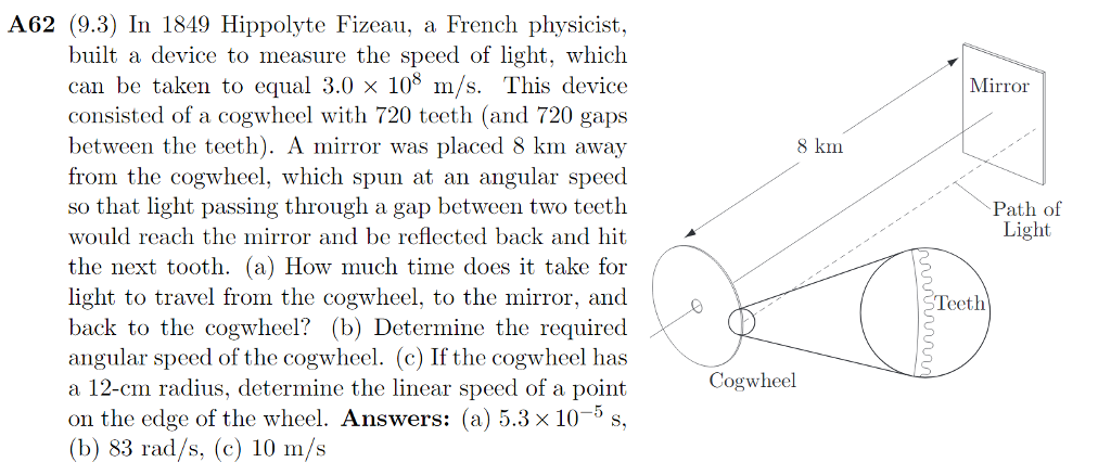 Solved A62 (9.3) In 1849 Hippolyte Fizeau, a French | Chegg.com