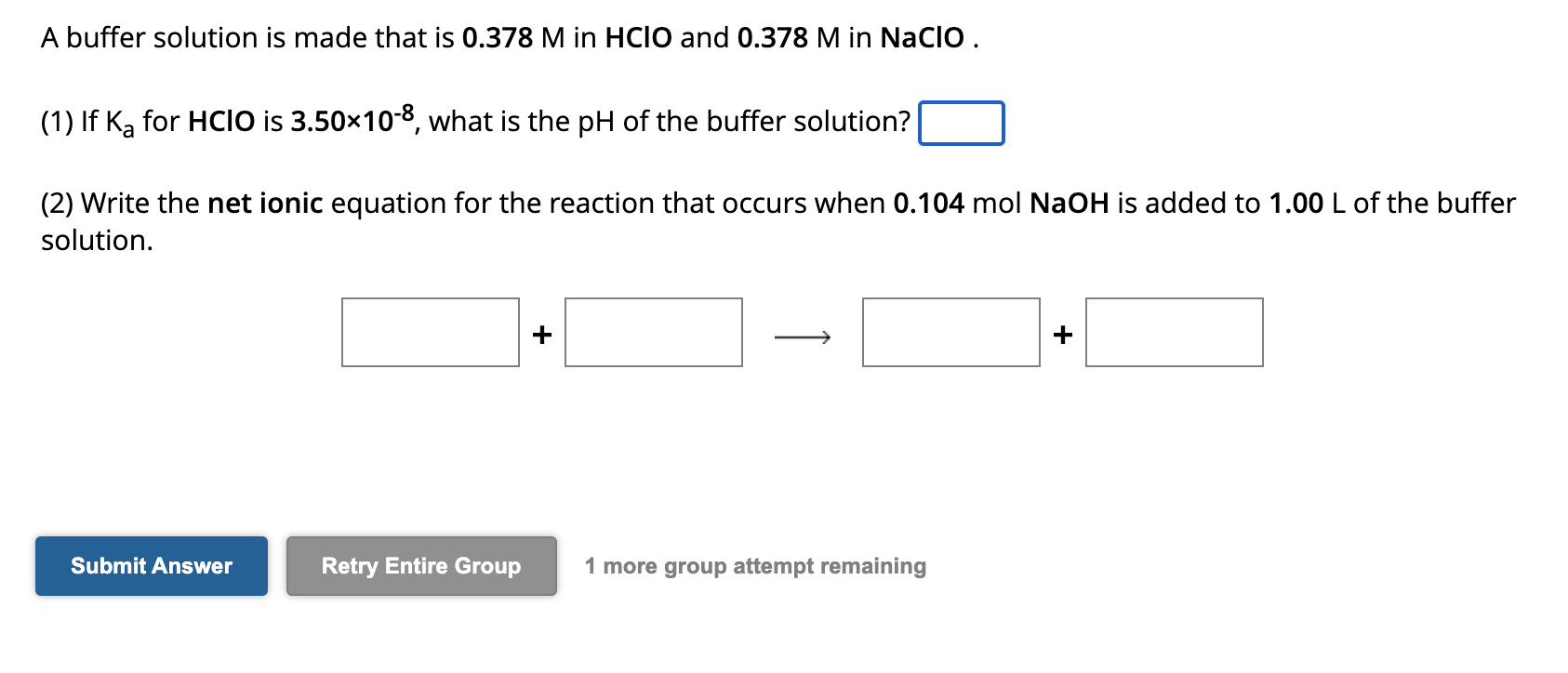 Solved A buffer solution is made that is 0.378 M in HClO and | Chegg.com