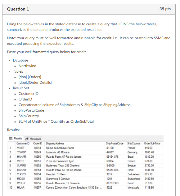 Solved Question 1 35 pts Using the below tables in the | Chegg.com