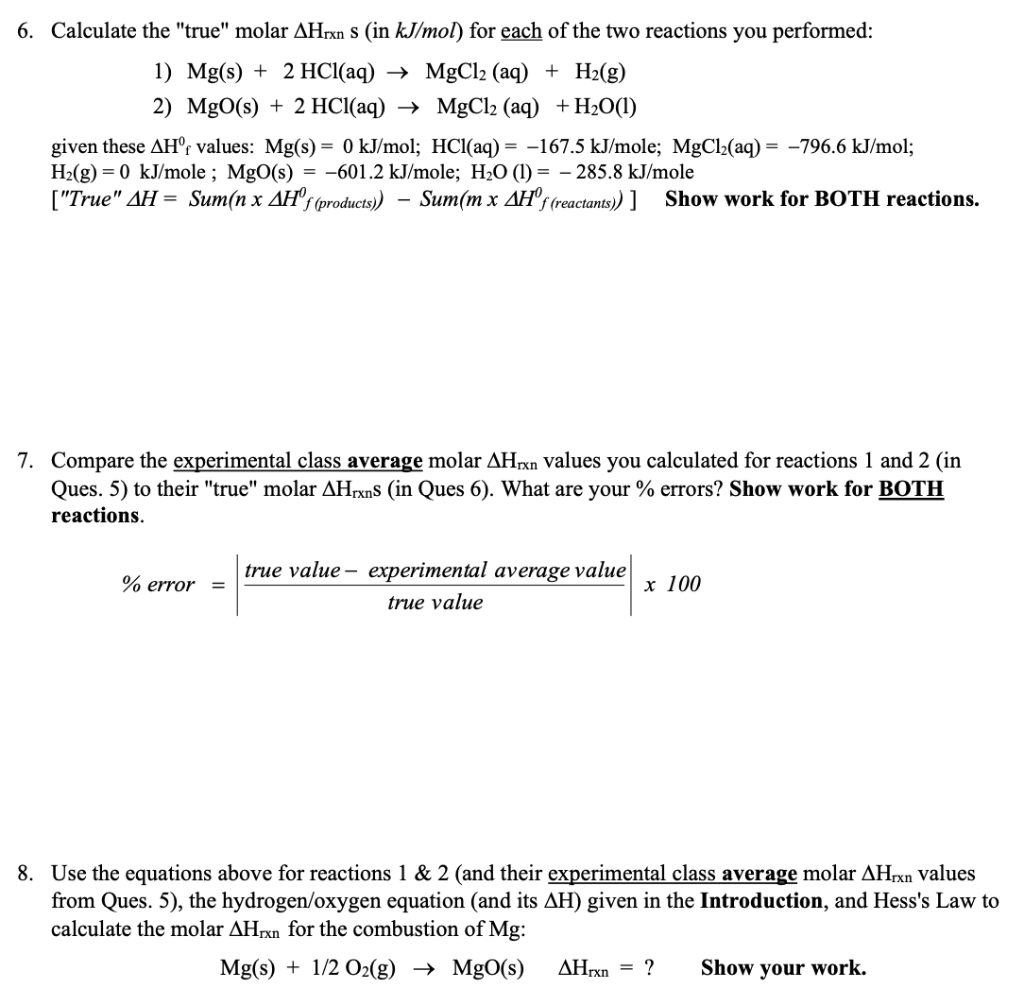 Solved 5. Calculate an average molar AHrxn for Mg and for | Chegg.com