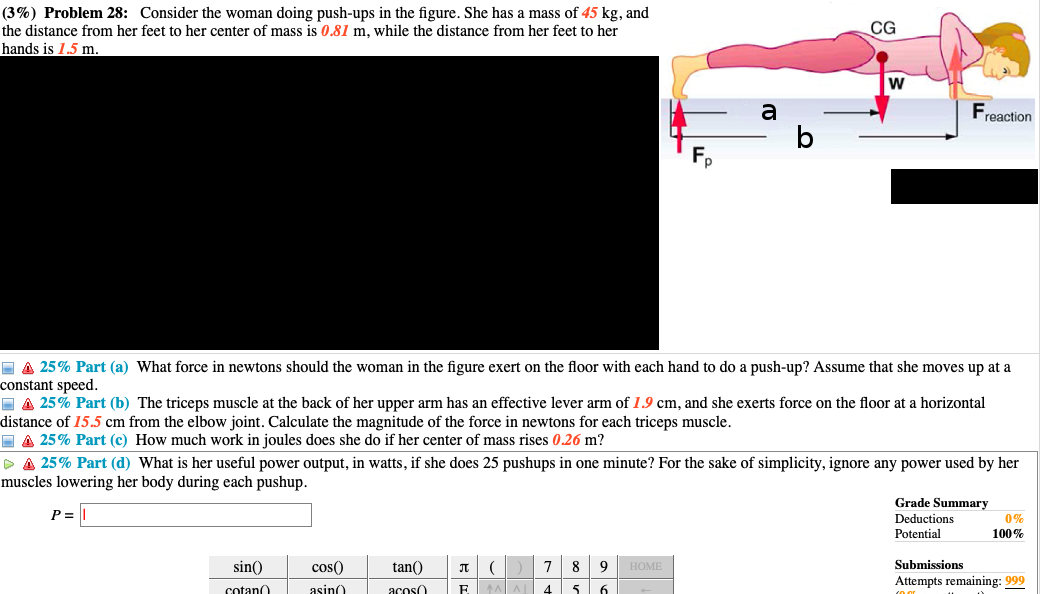 Solved (3\%) Problem 28: Consider the woman doing push-ups | Chegg.com