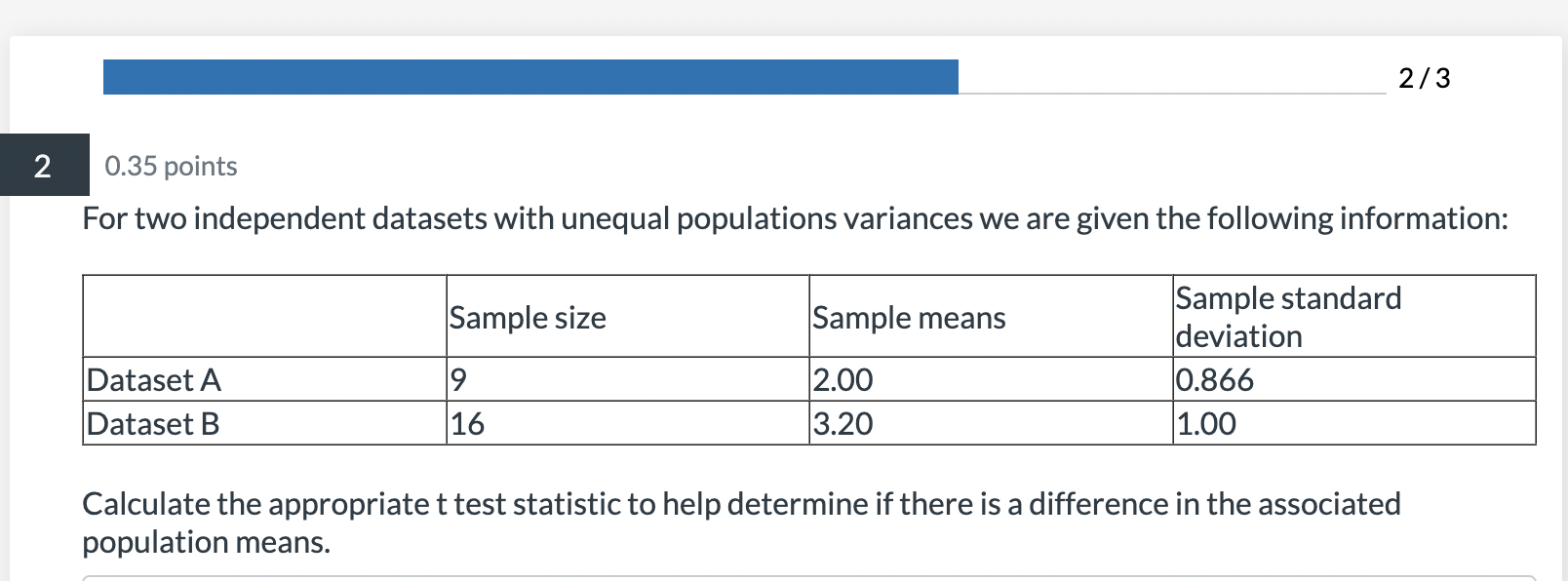 Solved 0.35 points For two independent datasets with unequal | Chegg.com