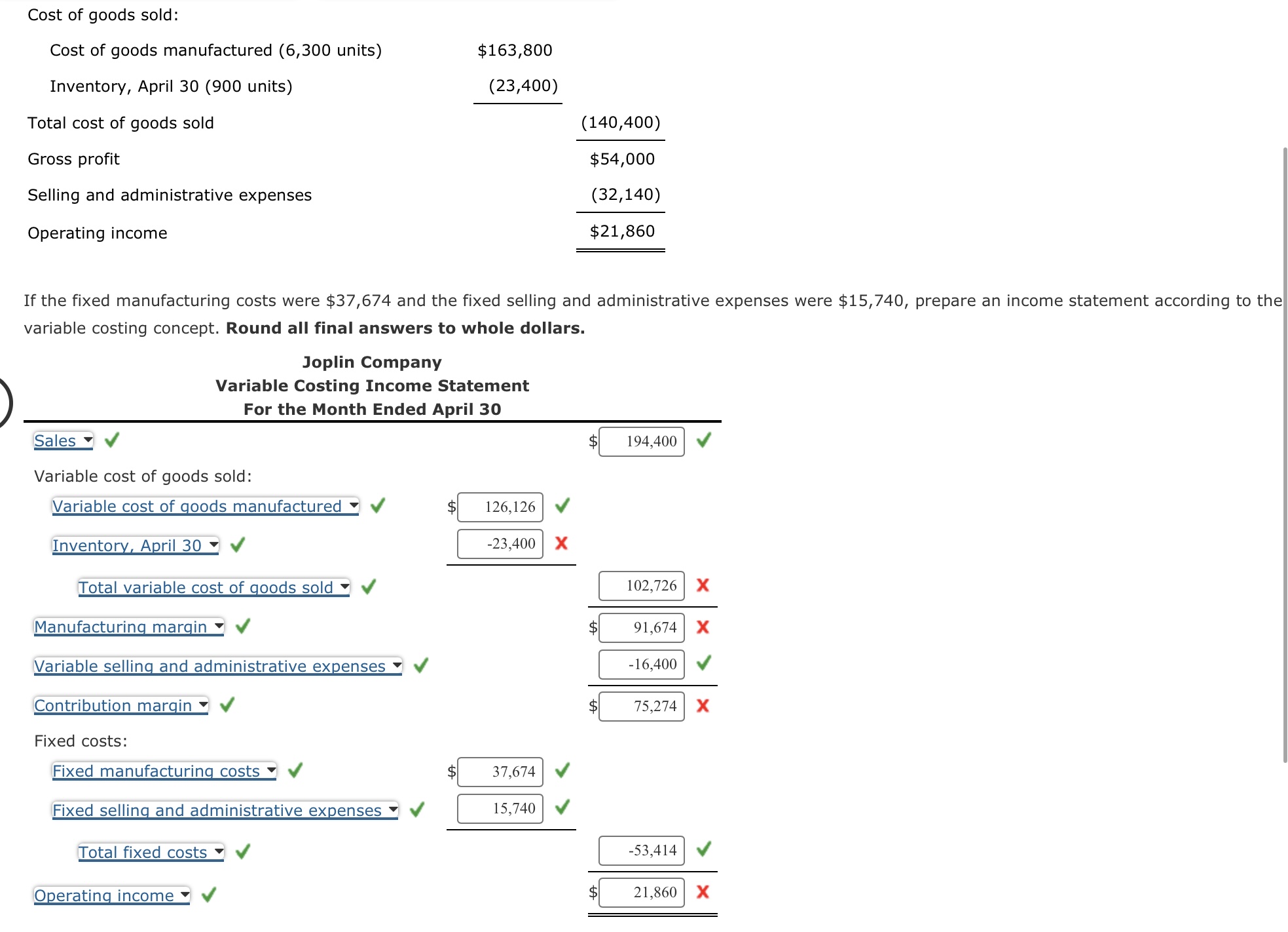 Solved Variable Costing Income Statement On April 30, the | Chegg.com