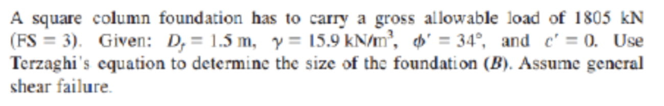 Solved A square column foundation has to carry a gross | Chegg.com