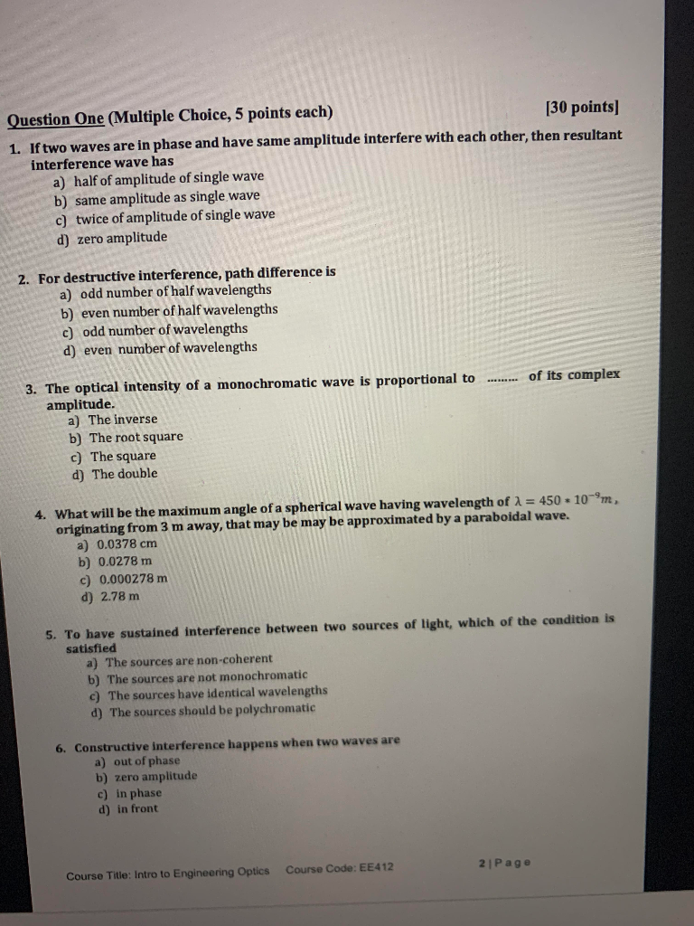Solved Question One ( Multiple Choice, 5 points each) [30 | Chegg.com