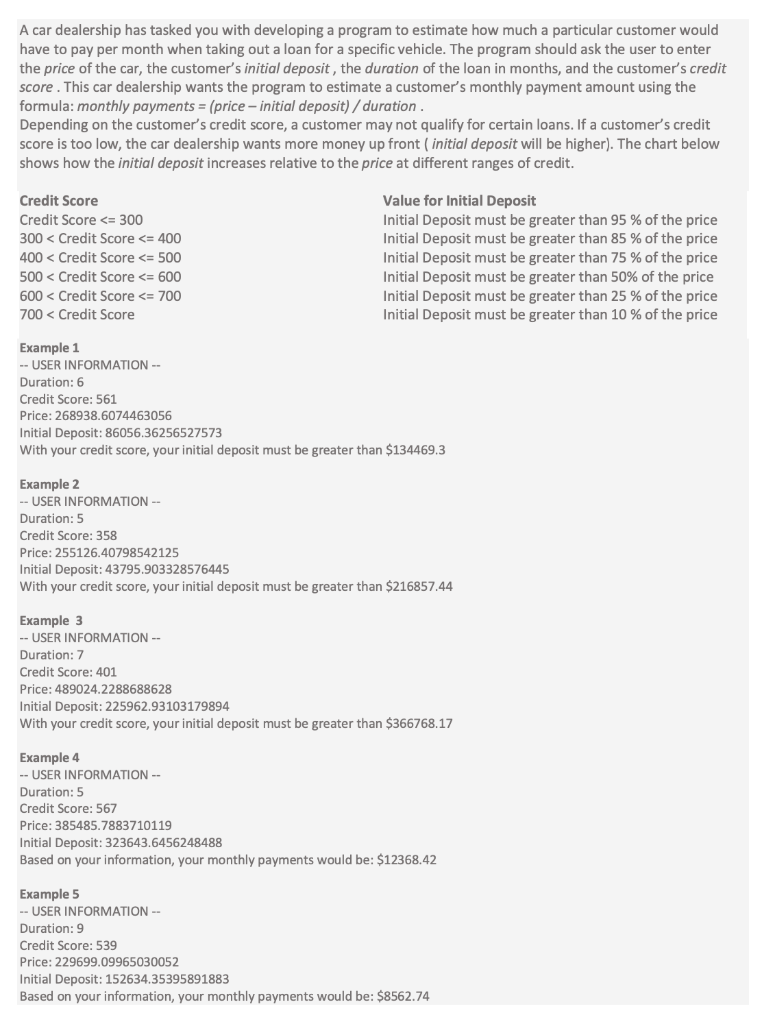 Solved A car dealership has tasked you with developing a | Chegg.com