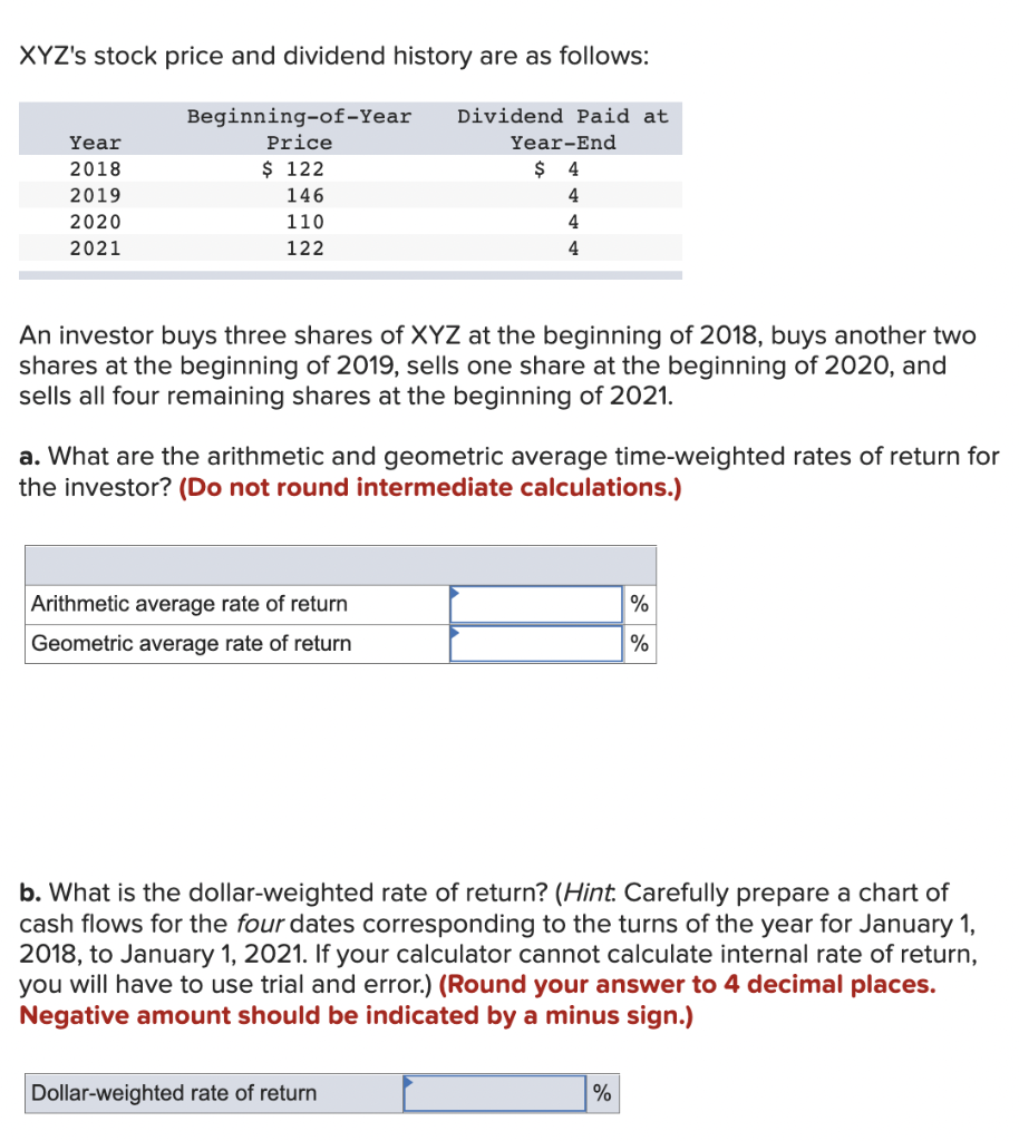 Solved XYZ 's stock price and dividend history are as | Chegg.com