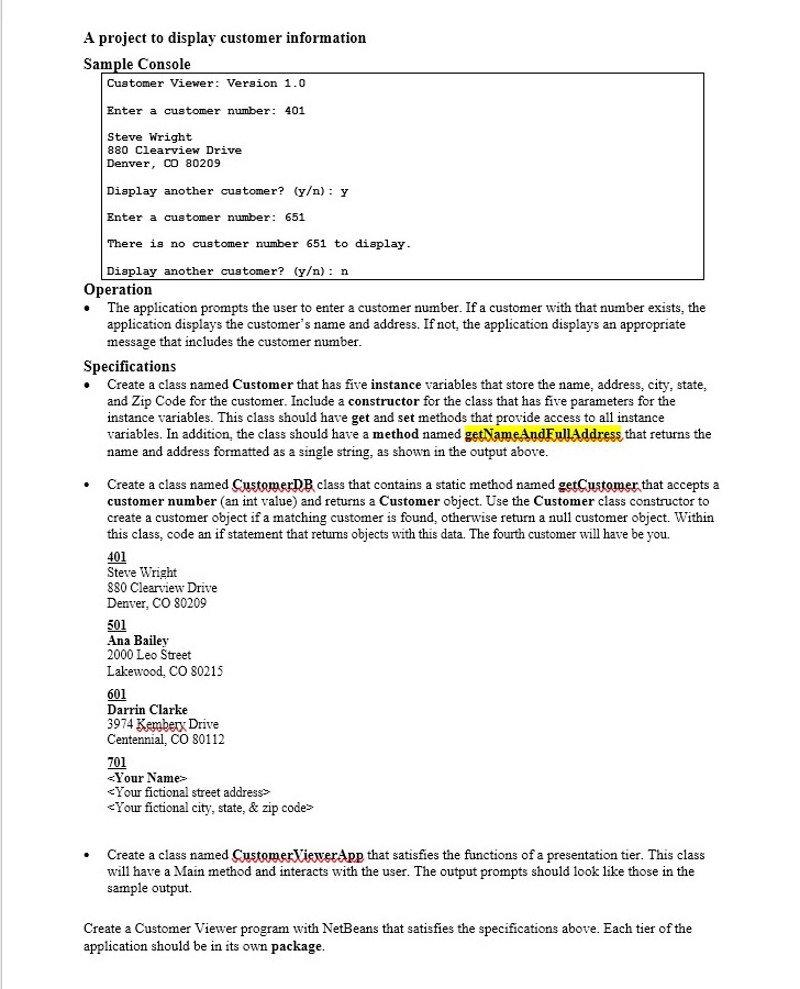 Solved A project to display customer information Sample | Chegg.com