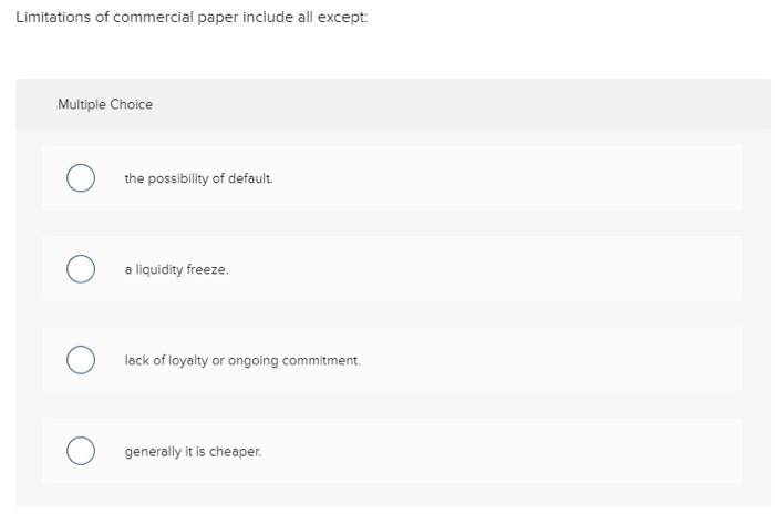 Solved Limitations of commercial paper include all except: | Chegg.com