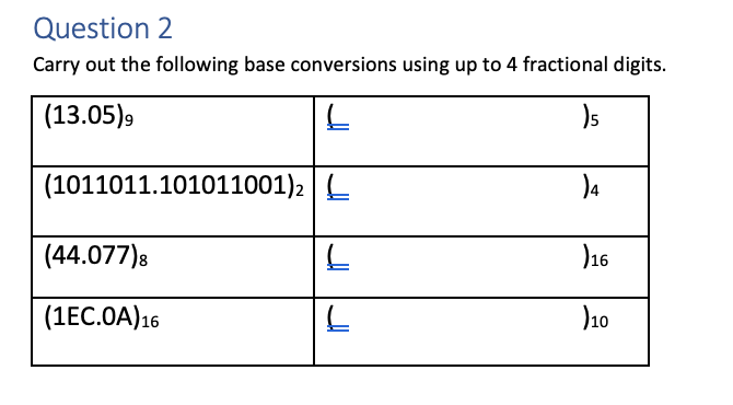 Solved Carry out the following base conversions using up to | Chegg.com
