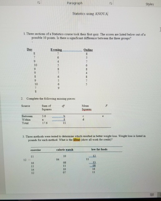 Solved Paragraph Styles Statistics using ANOVA 1. Three | Chegg.com