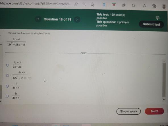 Solved Reduce the fraction to simplest form. 12x2+28x+164x+4 | Chegg.com