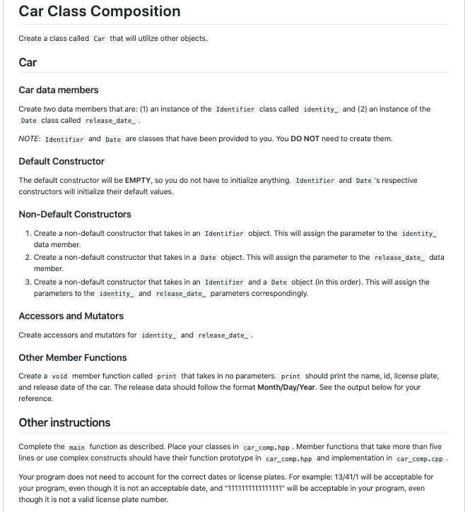 Solved Using C++, and files main.cpp and car_comp.hpp create | Chegg.com