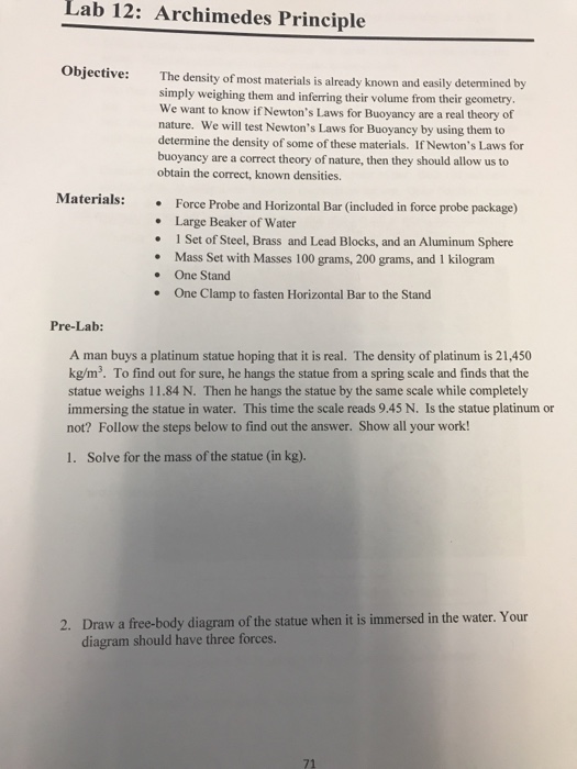 Solved Lab 12: Archimedes Principle Objective: The density | Chegg.com