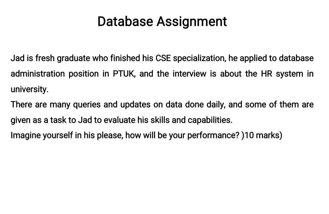 Solved Database Assignment Jad is fresh graduate who | Chegg.com