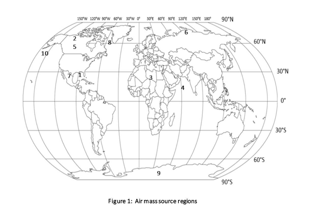 Solved There are five types of air masses named and | Chegg.com
