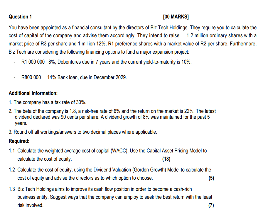 Solved Question 1 [30 ﻿MARKS] ﻿You have been appointed as a | Chegg.com