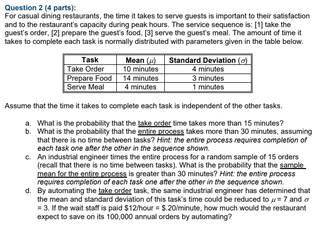 Solved Question 2 (4 parts): For casual dining restaurants, | Chegg.com