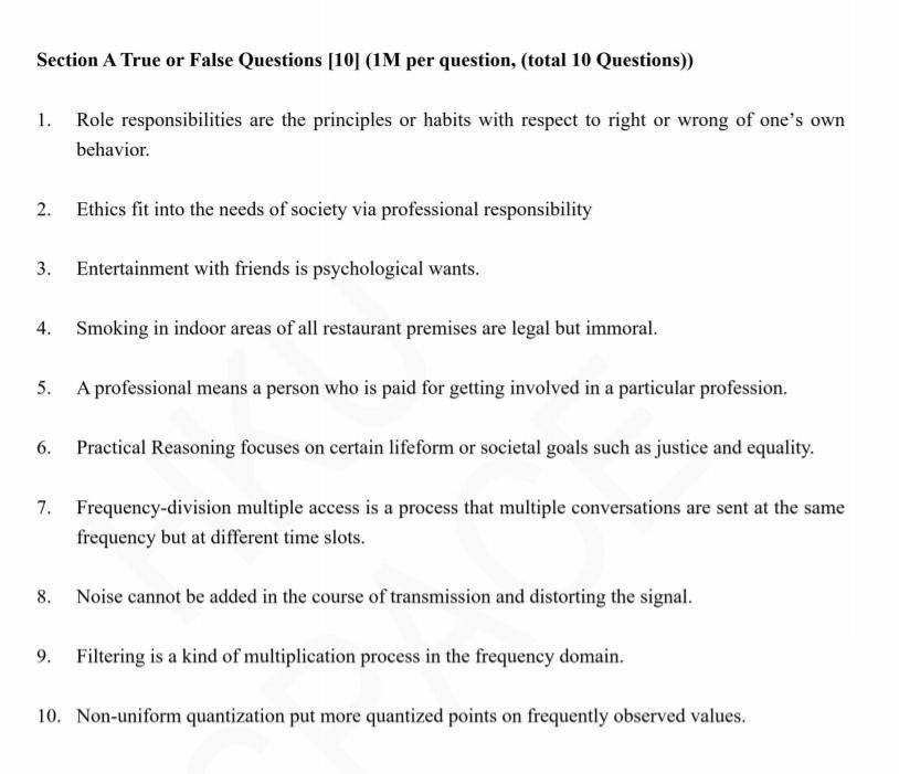 Solved Section A True or False Questions [10] (1M per | Chegg.com