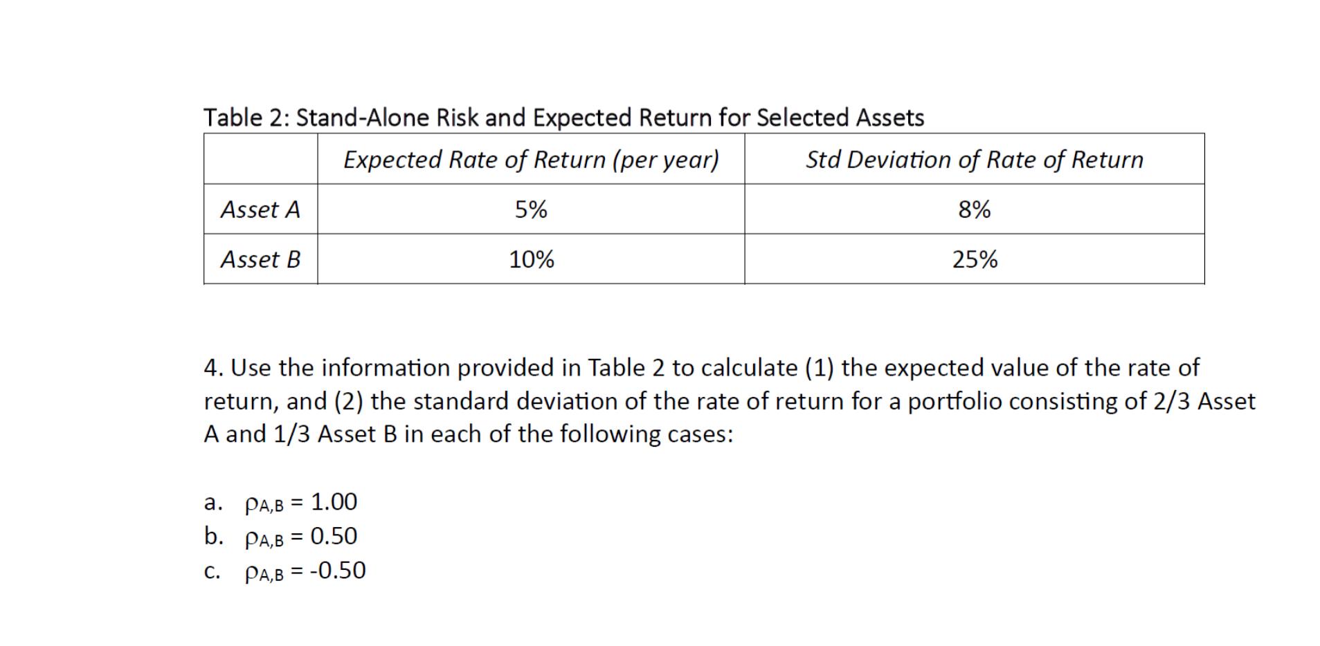 Solved Table 2: Stand-Alone Risk and Expected Return for | Chegg.com