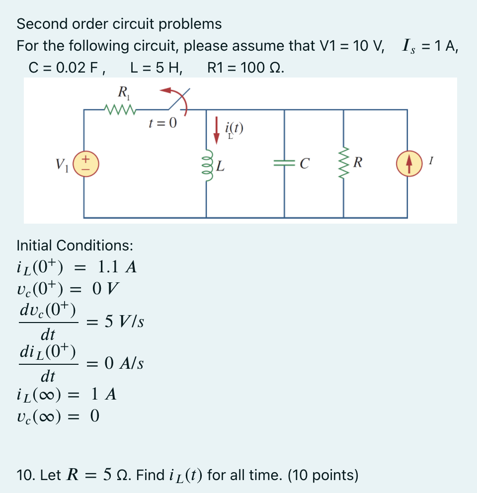 Solved 10. Second order circuit (10 points) A V 92. V/s For | Chegg.com