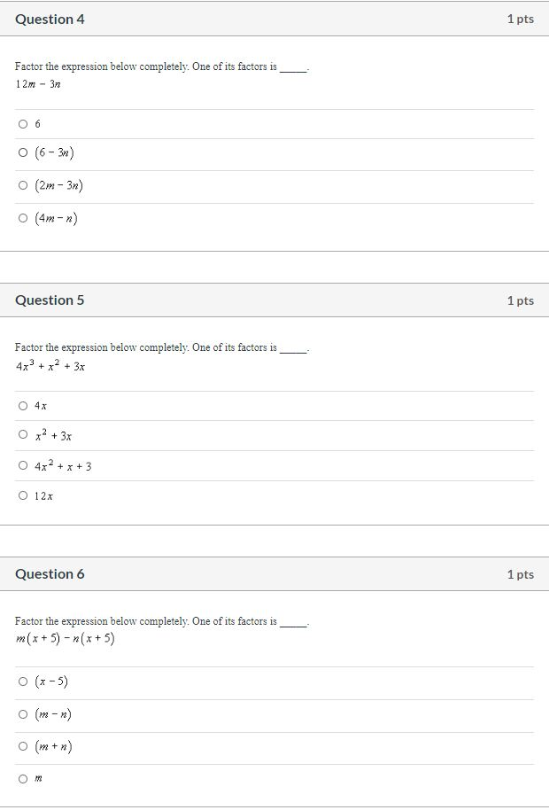 Solved Question 4 1 pts Factor the expression below | Chegg.com