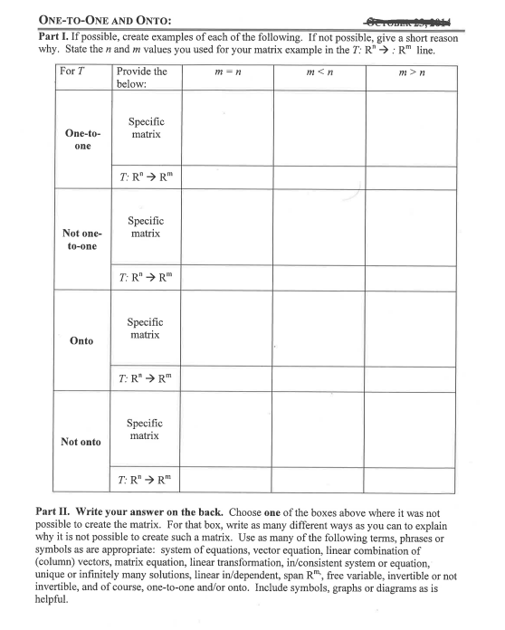 Solved ONE-TO-ONE AND ONTO: Part I. If possible, create | Chegg.com