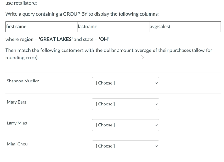 Solved use retailstore; Write a query containing a GROUP BY | Chegg.com