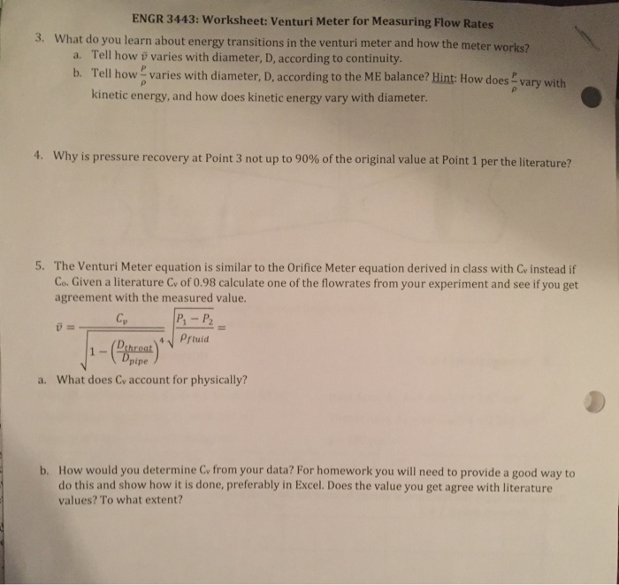 Solved ENGR 3443: Worksheet: Venturi Meter for Measuring | Chegg.com