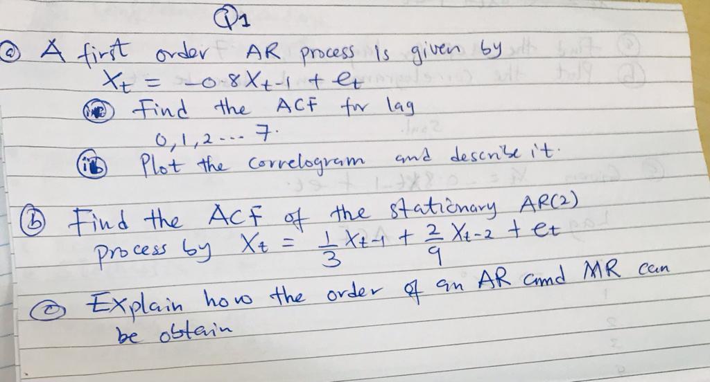 Solved A first order AR process is given by Xt=−0.8Xt−1+et | Chegg.com