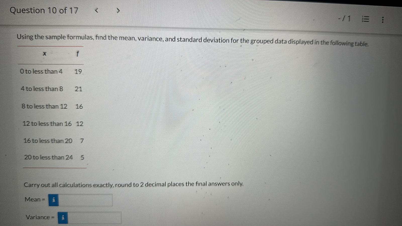 Solved Using the sample formulas, find the mean, variance, | Chegg.com