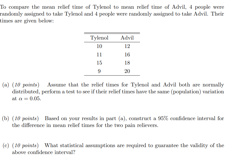 Solved To compare the mean relief time of Tylenol to mean | Chegg.com