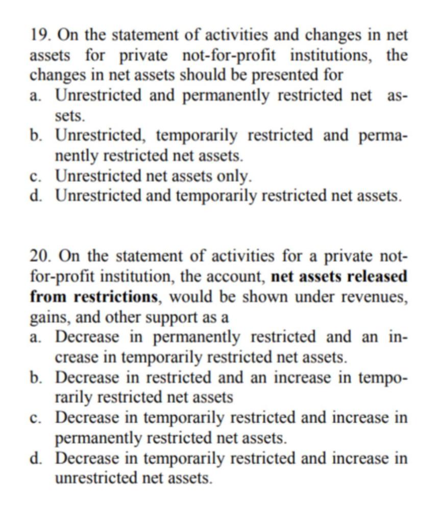 Solved 19. On the statement of activities and changes in net | Chegg.com