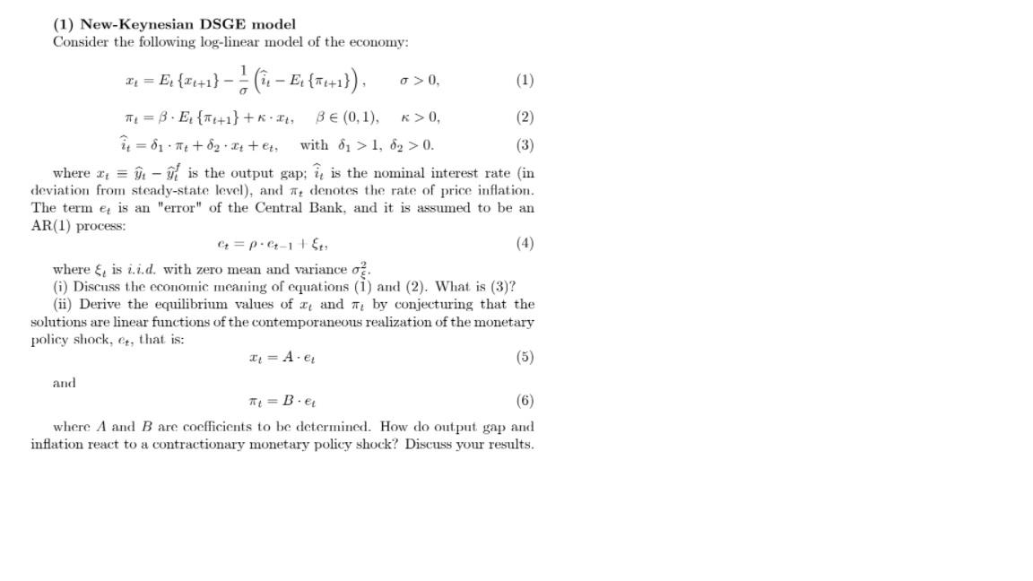 (1) New-Keynesian DSGE model Consider the following | Chegg.com