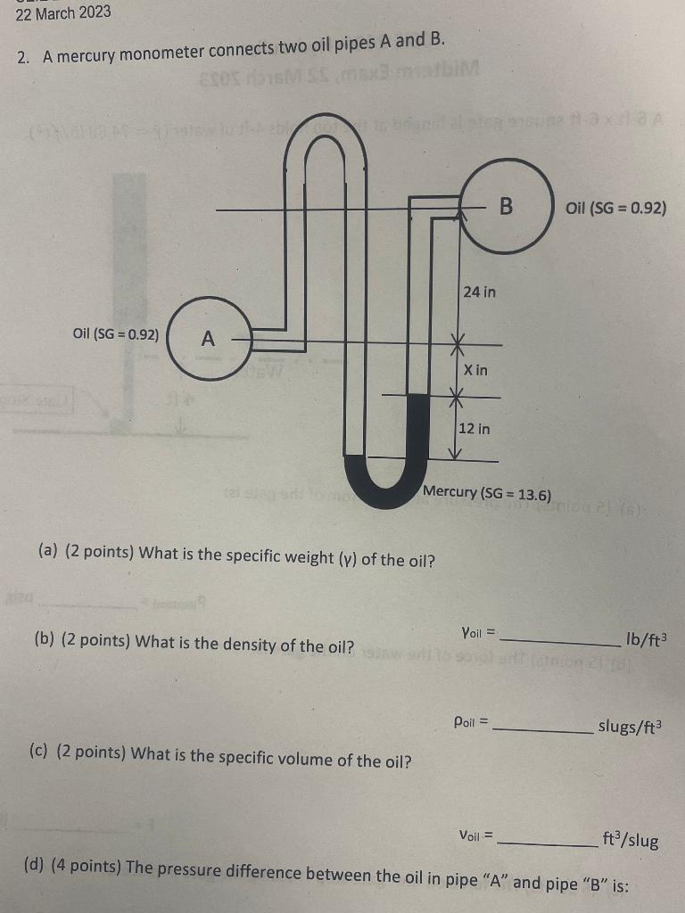 Solved 2. A mercury monometer connects two oil pipes A and | Chegg.com