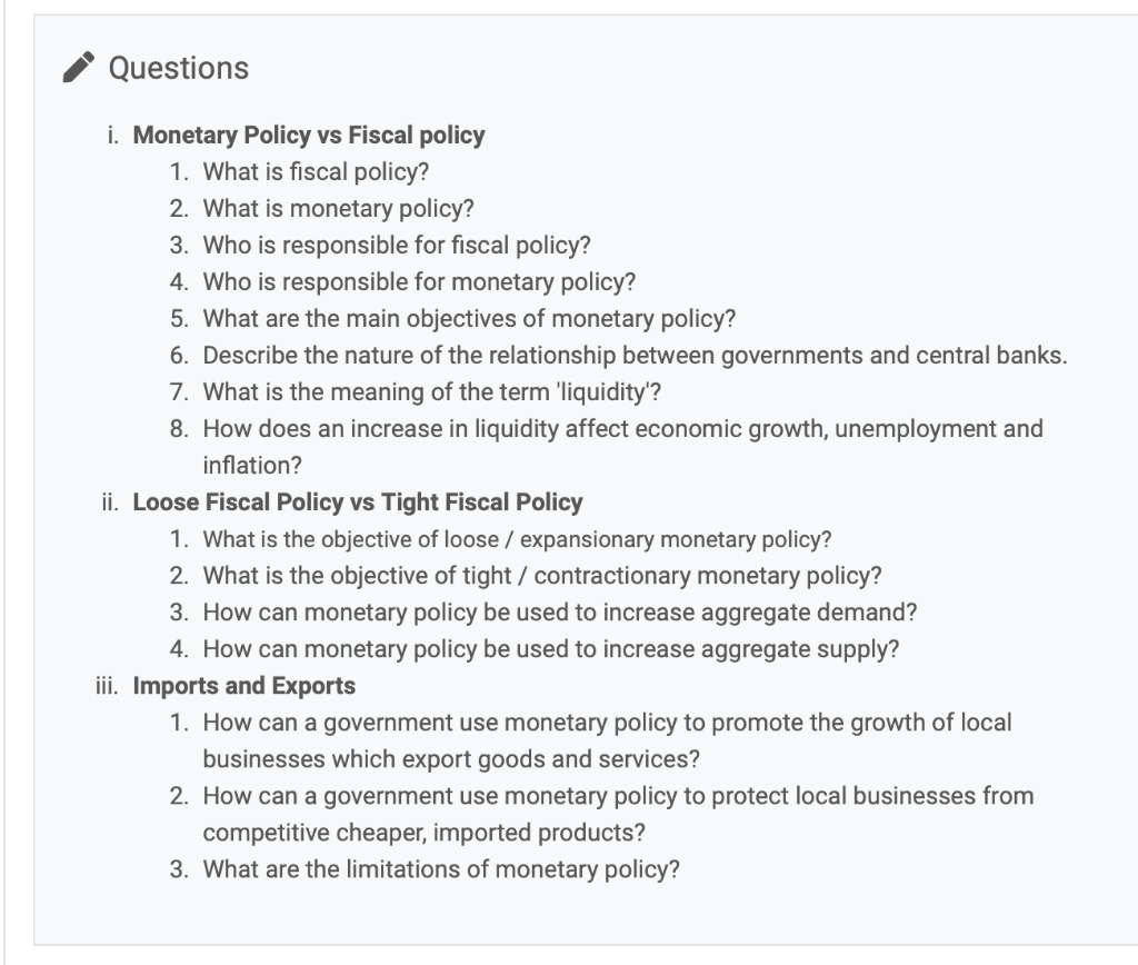 Solved Questions i. Monetary Policy vs Fiscal policy 1. What | Chegg.com